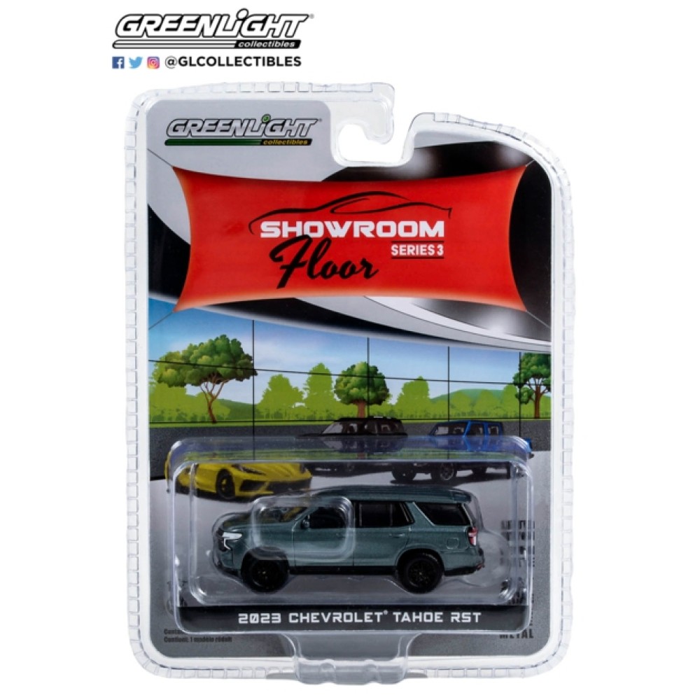 1/64 SHOWROOM FLOOR SERIES 3 2023 CHEVROLET TAHOE RST SILVER SAGE METALLIC